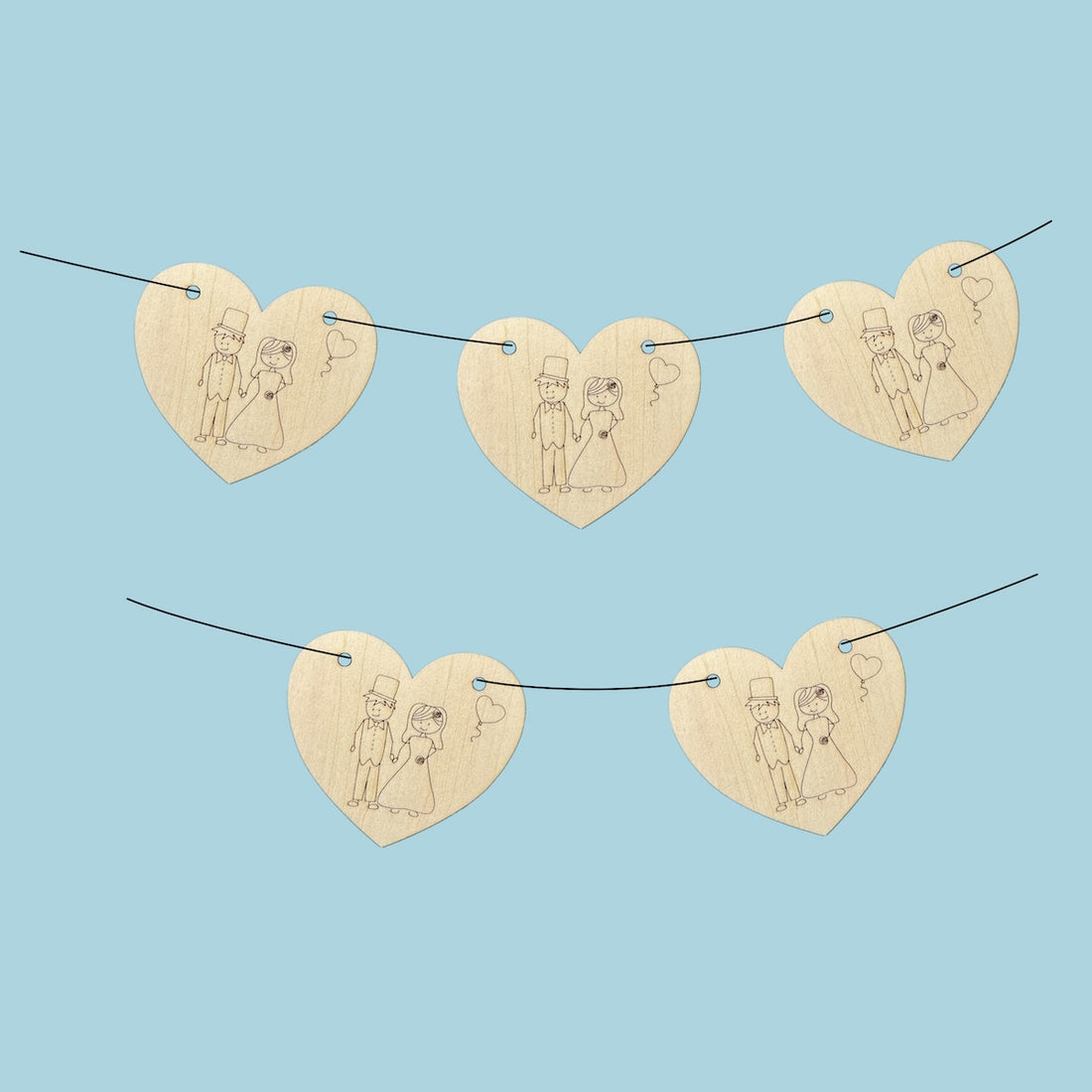 Houten hartjes slinger - bruidspaar (5 stuks) – Mamafeestbeest